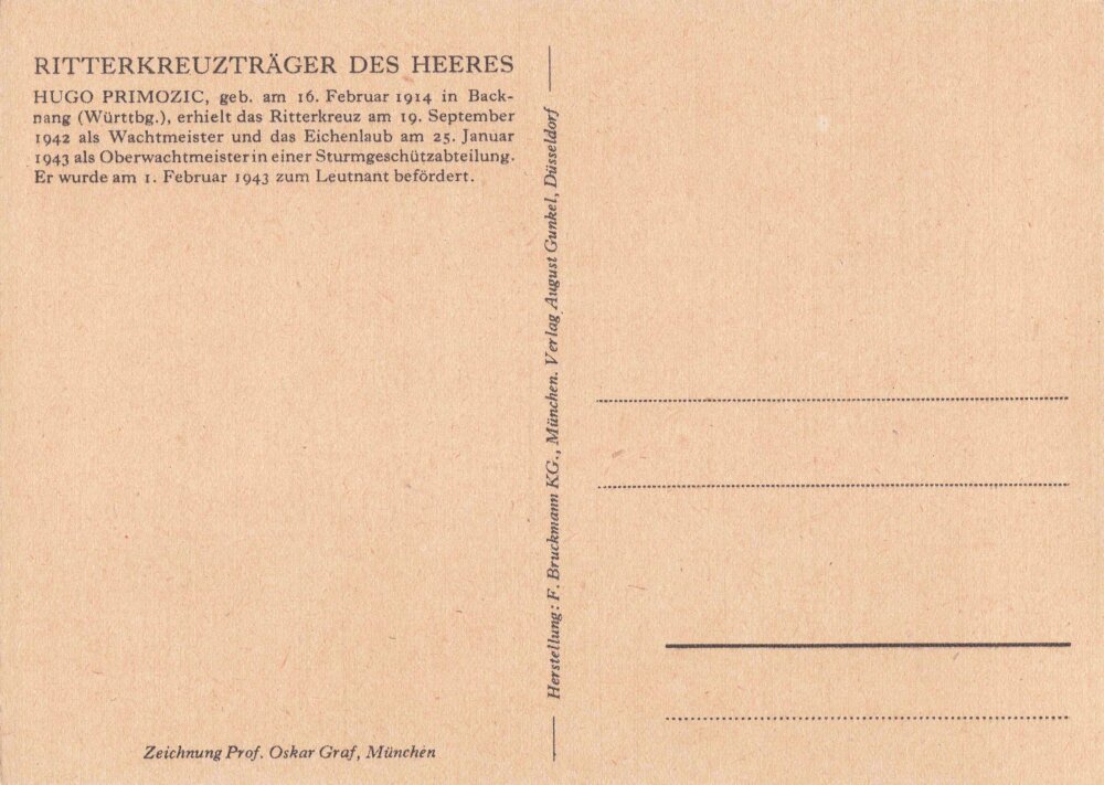 Ansichtskarte "Ritterkreuzträger des Heeres: Hugo Primozic", 20,00