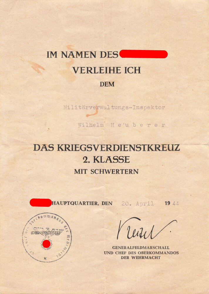 Urkunde zum Kriegsverdienstkreuz 2. Klasse mit Schwertern für einen M