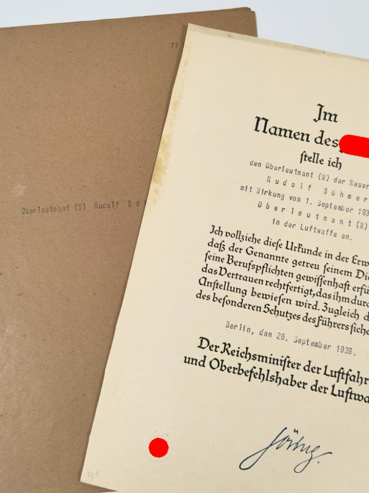 Luftwaffe, Beförderungsurkunde eines Oberleutnant ( W ) der Reserve z