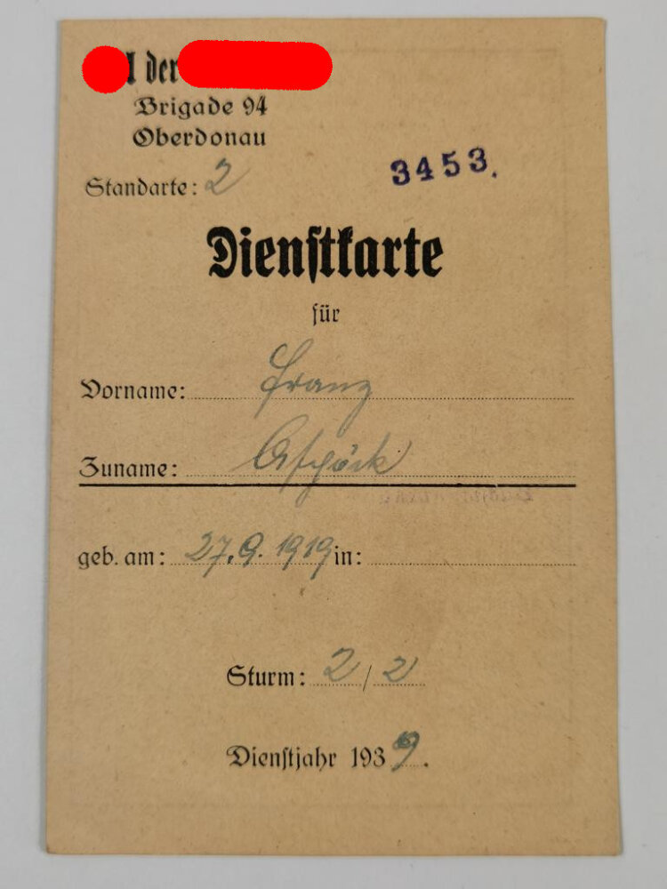SA der NSDAP Brigade 94 Oberdonau Dienstkarte, datiert 1939, 60,00