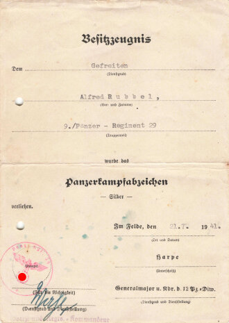 Urkundengruppe eines Gefreiten in der Panzertruppe ( Panzer- Regiment