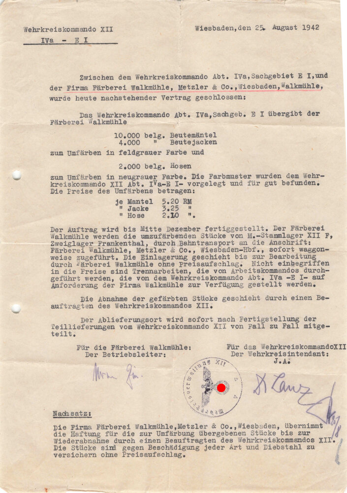 Vertrag zwischen dem Wehrkreiskommando und der Firma Färberei Walkmüh ...