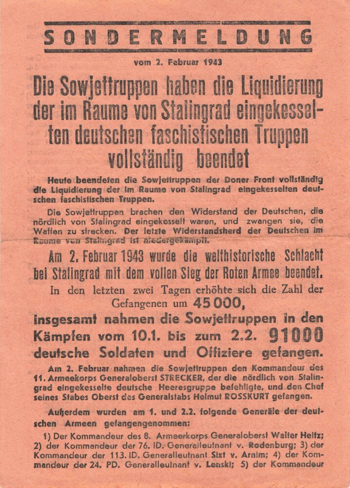 Stalingrad, Russisches Flugblatt 2.Weltkrieg " Sondermeldung vom 2.Fe