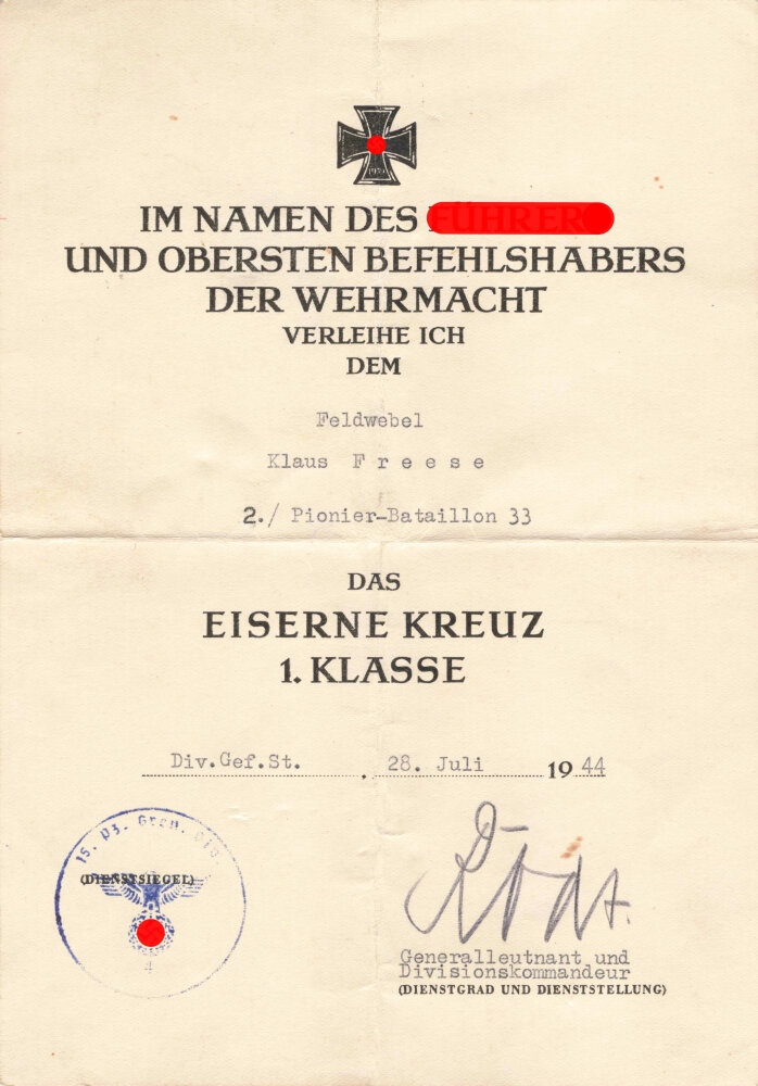 Urkundenpaar eines Feldwebel im 2. Pionier- Bataillon 33, 185,00