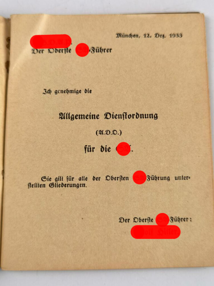 Allgemeine Dienstordnung für die SA der NSDAP, datiert 1933 mit 63 Se