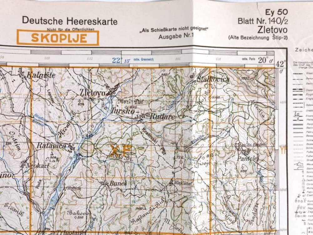 Deutsche Heereskarte 1943 "Zletovo" Nordmazedonien, 40,00