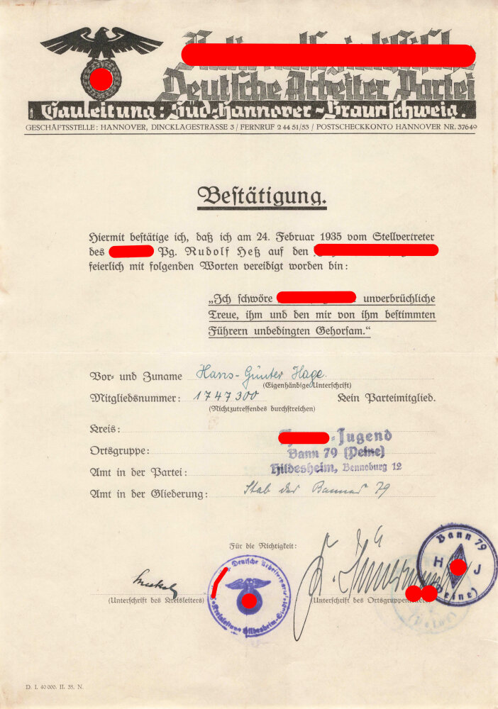 Hitlerjugend Vereidigungsurkunde für einen Angehörigen des HJ Bann 79 ...