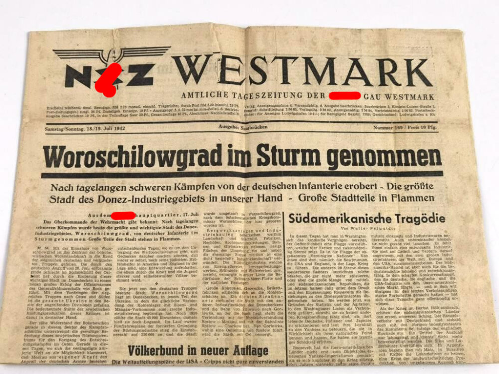 "NSZ Westmark", Amtliche Tageszeitung der NSDAP Gau Westmark, 18./19 ...