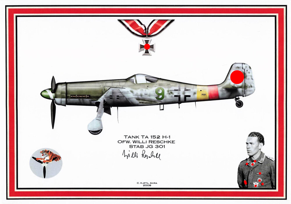 Luftwaffe, DIN A4 Druck Ritterkreuzträger Willi Reschke samt eigenhän