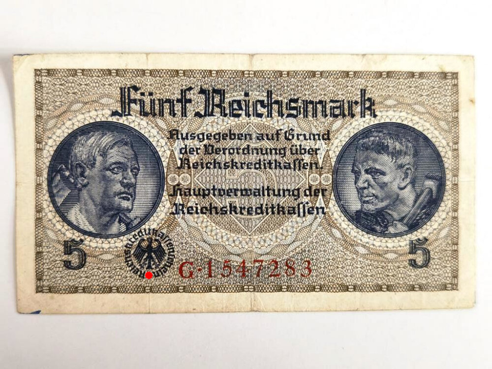 Reichsbanknote 5 Reichsmark aus der Zeit des 2.Weltkrieg, 10,00