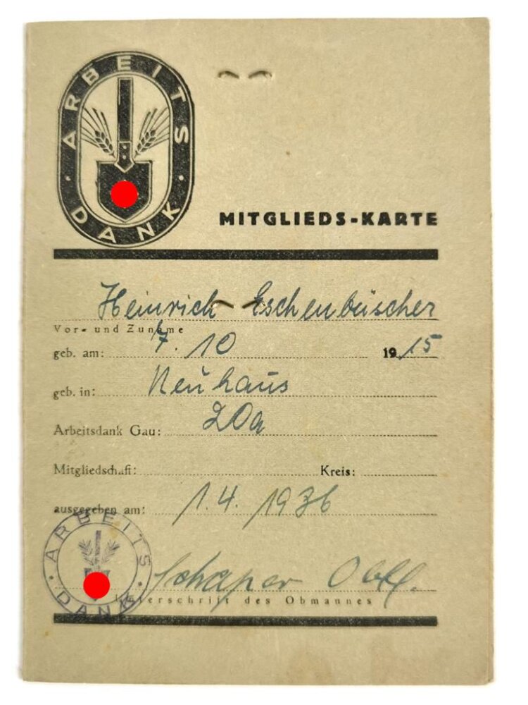 Arbeits Dank Mitgliedskarte von 1936, 90,00