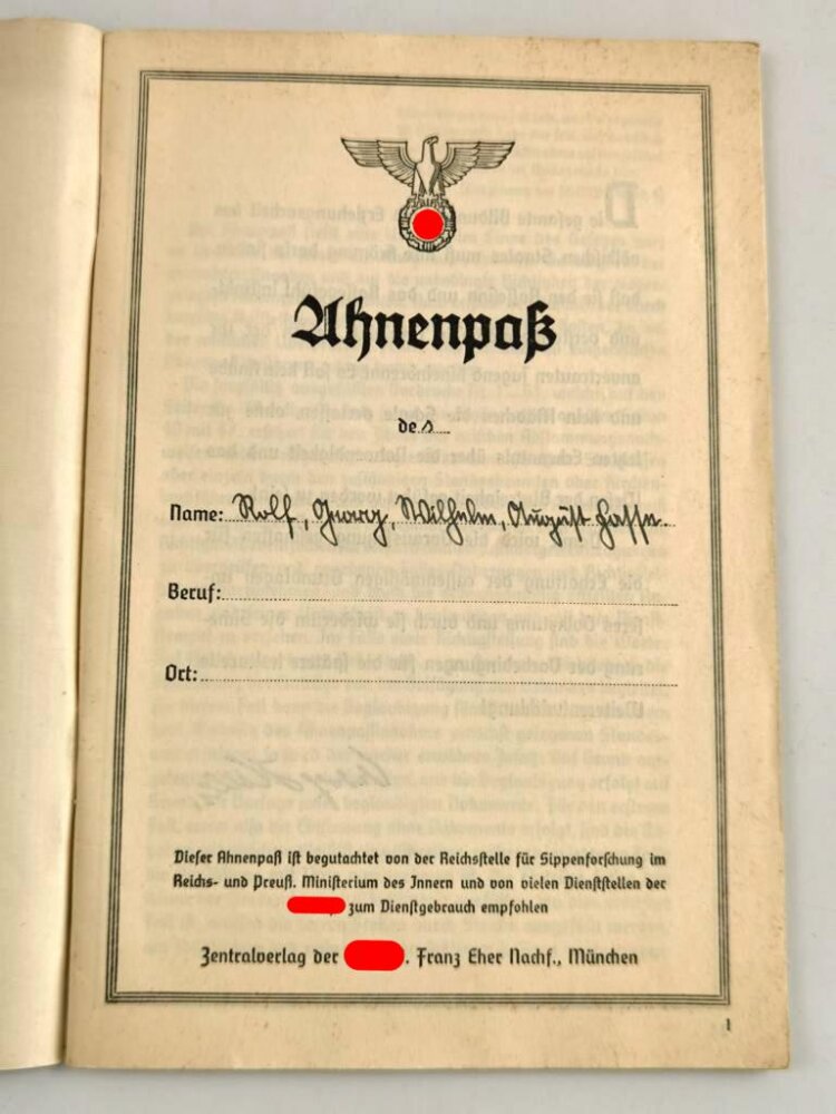 Ahnenpaß ausgefüllt, DIN A5, 35,00