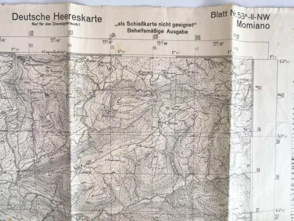 Deutsche Heereskarte "Momiano" Italien, Maße 49 x 60 cm, datiert 1944