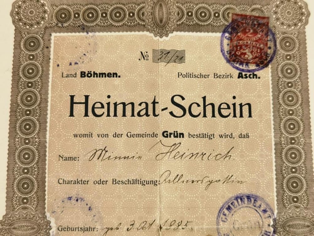 Land Böhmen, " Heimat schein der Gemeinde Grün" ausgestellt 1921, 25,