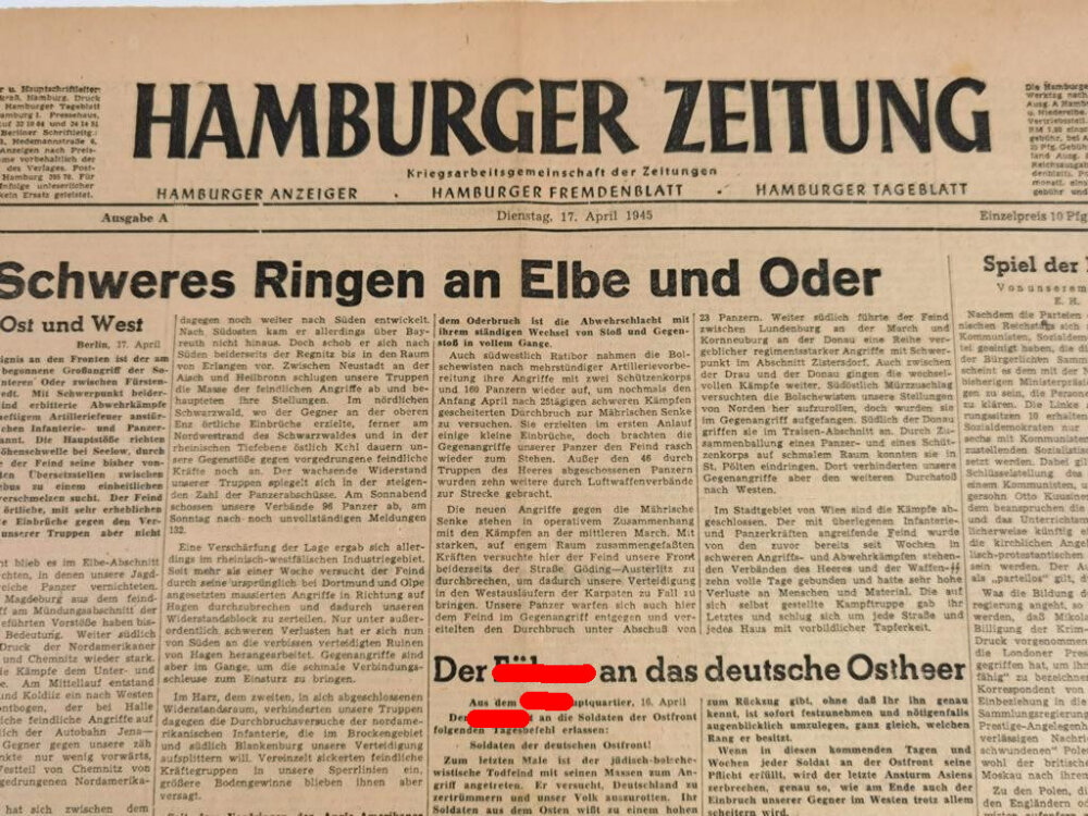 Hamburger Zeitung, Nr 89 vom 17. April 1945, "Schweres Ringen an Elbe
