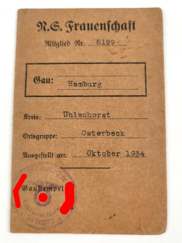 N.S. Frauenschaft, Mitgliedskarte Gau Hamburg, Eingetreten 1934, 35,0