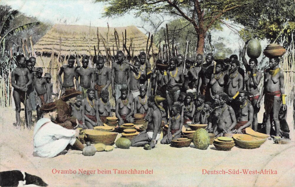 Postkarte, Deutsch Südwestafrika "Ovambo Neger beim Tauschhandel", in ...
