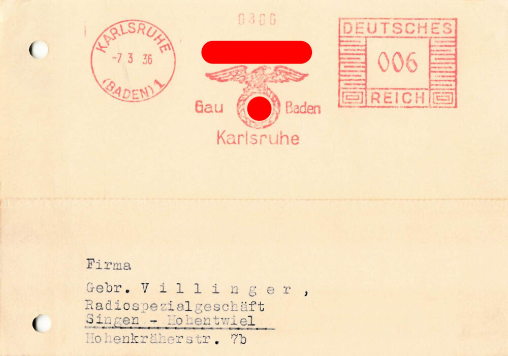 NSDAP Gau Baden Karlsruhe , 1936 gelaufenes Schreiben, 10,00