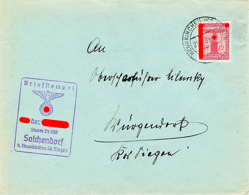 SA der NSDAP Sturm 24/130 Salchendorf, leerer Briefumschlag von 1939,