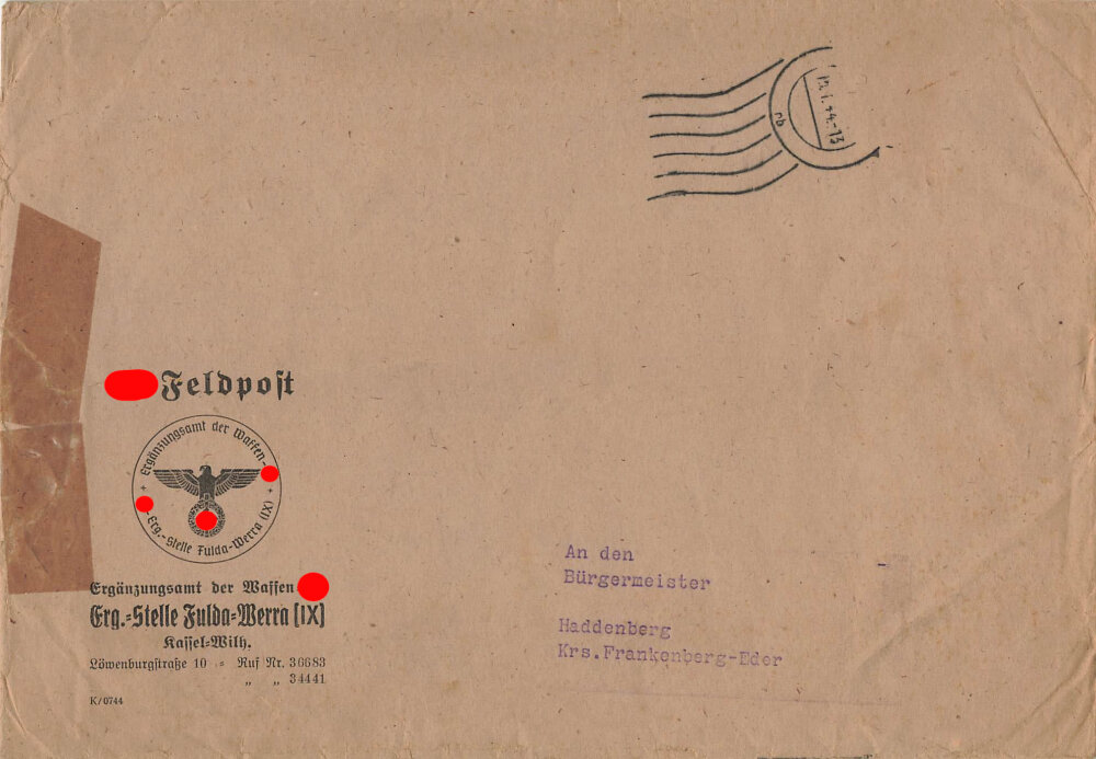 Ergänzungsamt der Waffen SS Fulda Werra, leerer Briefumschlag DIN A5,