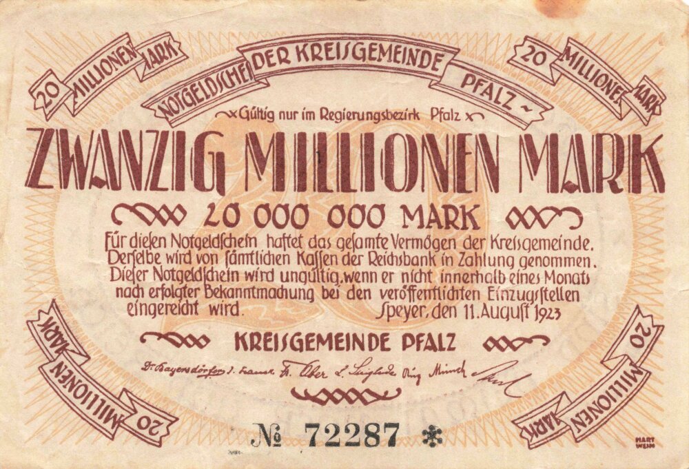 Notgeldschein der Kreisgemeinde Pfalz über Zwanzig Millionen Mark, da