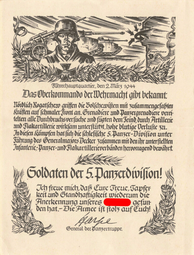 Anerkennungsurkunde an die Soldaten der 5. Panzerdivision vom 2. März ...