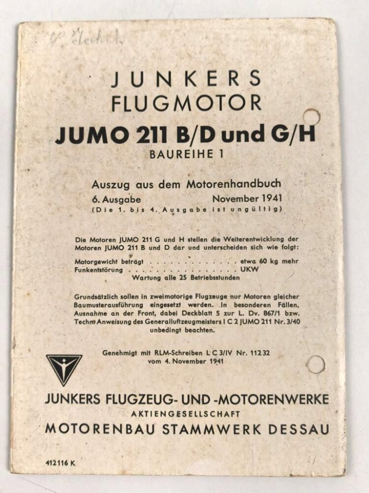 Junkers Flugmotor "Jumo 211 B/D und G/H - Baureihe 1" Auszug aus dem