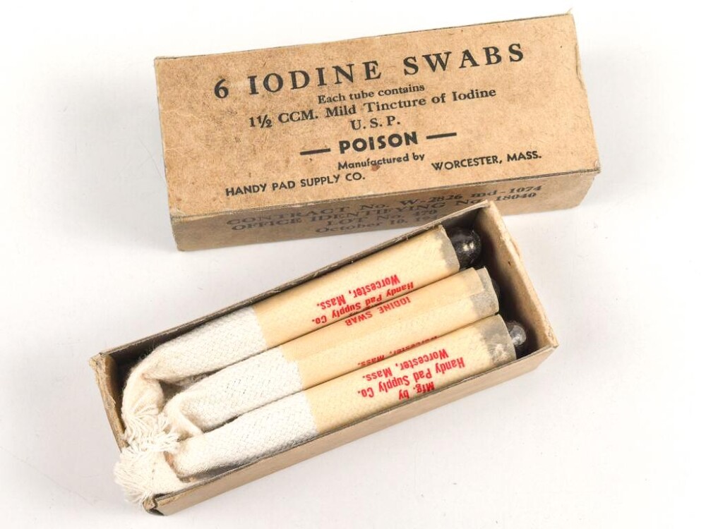 U.S. Army, 1942 dated " 6 Iodine Swabs" in cardboard container, 35,00