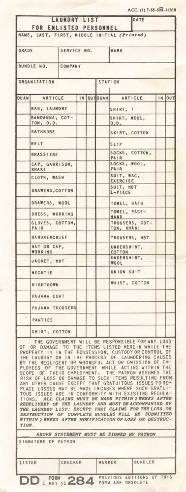 U.S. Army, 1951 dated Laundry list for enlisted personnel, 10,00