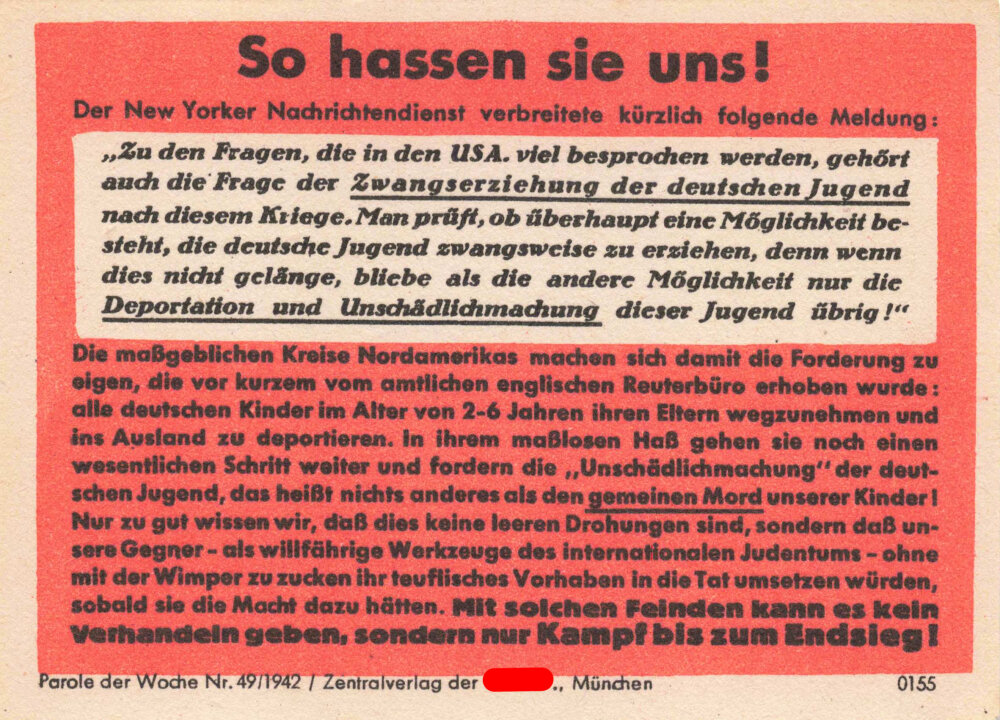 Parole der Woche Nr. 49, "So hassen sie uns!", Zentralverlag der NSDA