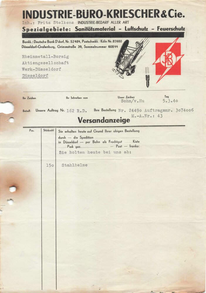 Abholschein über 150 Stahlhelme für Rheinmetall-Borsig in Düsseldorf,