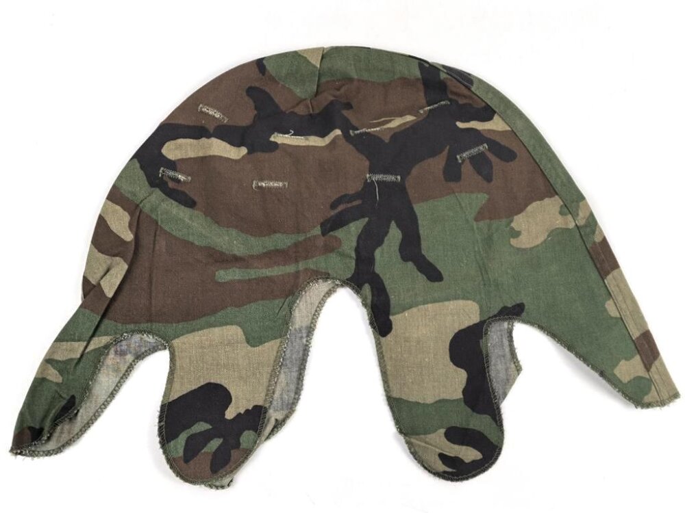 U.S. Army, "Woodland" helmet cover for M1 steel helmet. Dated 1983, 2