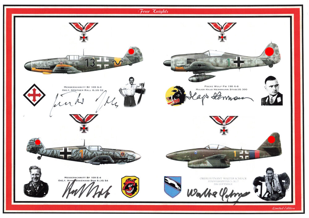 Luftwaffe, DIN A4 Druck "Four Knights" Ritterkreuzträger Günther Rall
