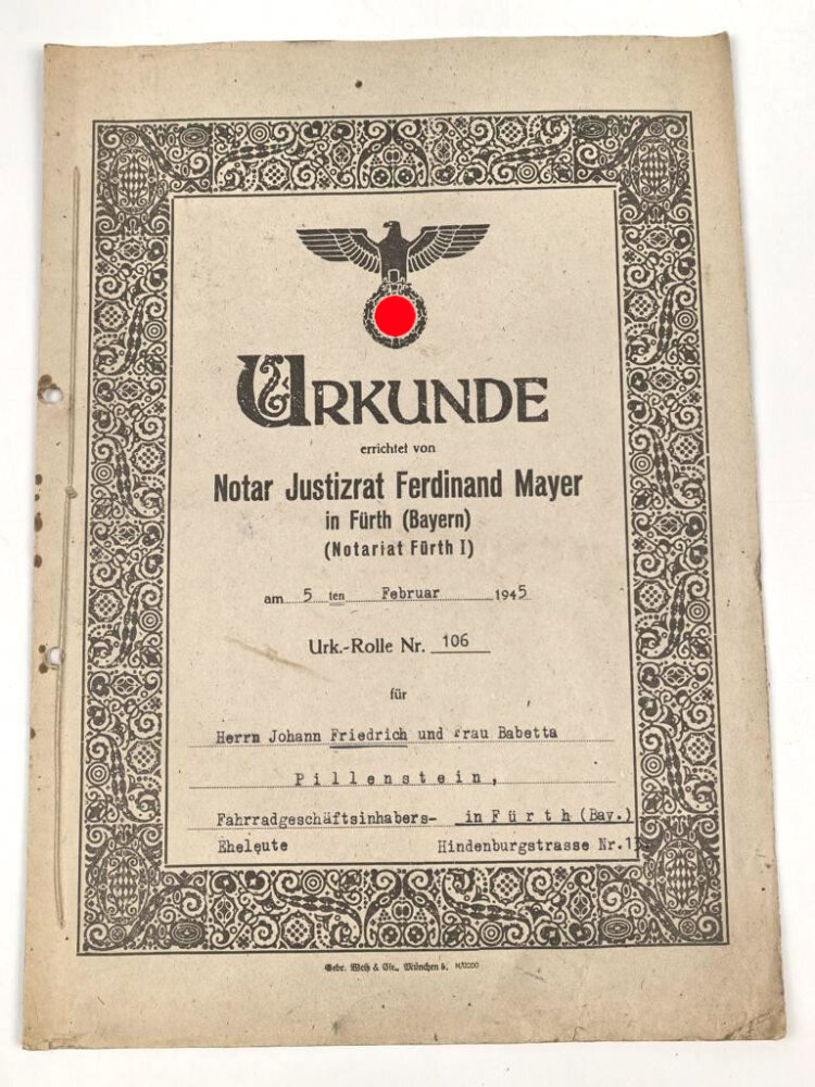 Urkunde von einem Notar an ein Fahrradgeschäftsinhabersehepaar aus Fü