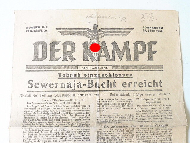 "Der Kampf" Nummer 245 vom 20.Juni 1942. 4 Seiten, 30,00