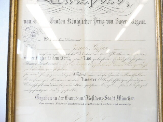 Bayern 1897, gerahmte Bestellung für einen Premier Lieutenant ., 45,00