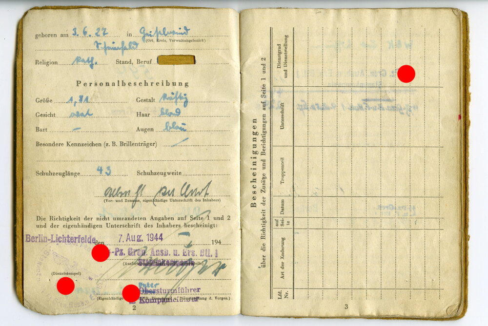 Soldbuch Waffen SS, ausgestellt am 7.August 1944 beim SS Pz.Grenadier