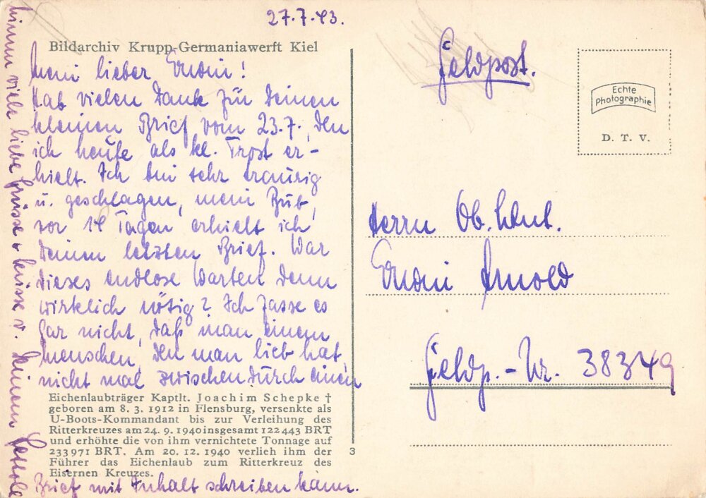 Ansichtskarte Ritterkreuzträger "Kapitänleutnant Joachim Schepke", da