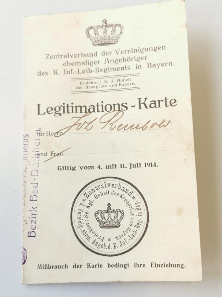 Legitimations-Karte, Infanterie Leib Regiment gültig vom 4. bis 11. J