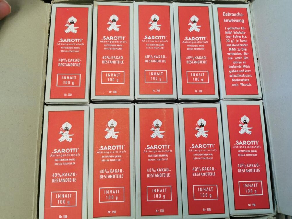 "Sarotti Schokoladen Pulver 100g" wohl 50/60iger Jahre. 1 ungeöffnete