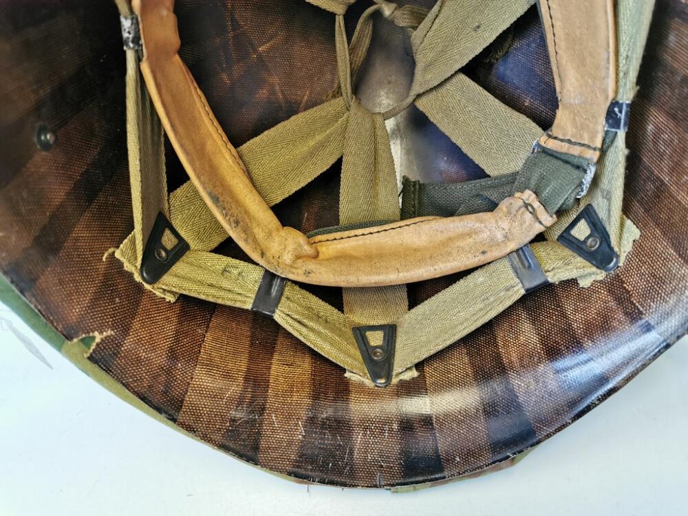 U.S. post war steel helmet , Mitchell cover, rear seam shell, reused