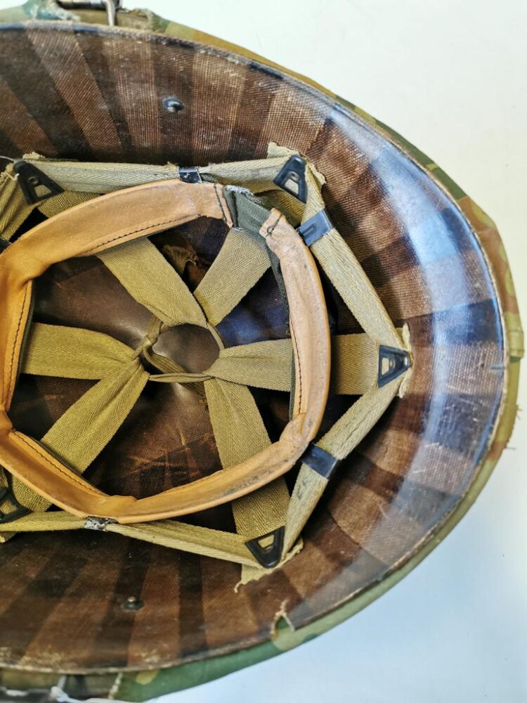 U.S. post war steel helmet , Mitchell cover, rear seam shell, reused