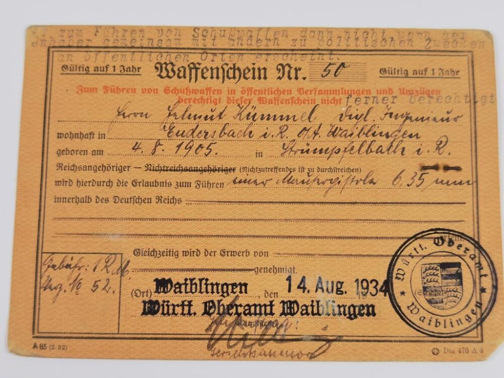 Waffenschein für eine Pistole 6,35mm, ausgestellt beim Württ. Oberamt