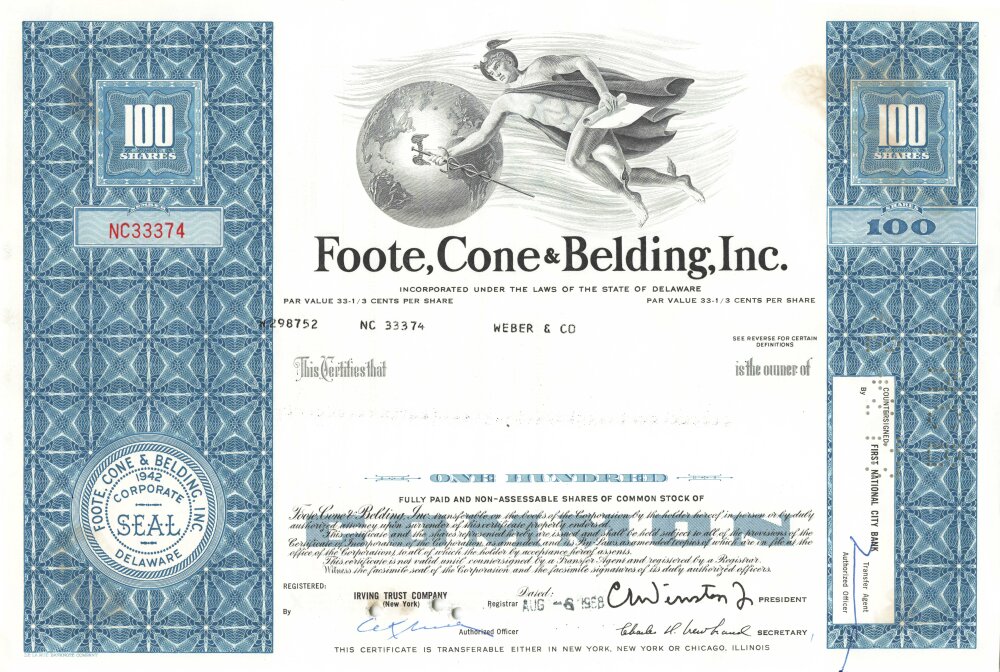 Aktie "Foote, Cone & Belding, Inc.", 08.08.1968, DIN A4, 20,00