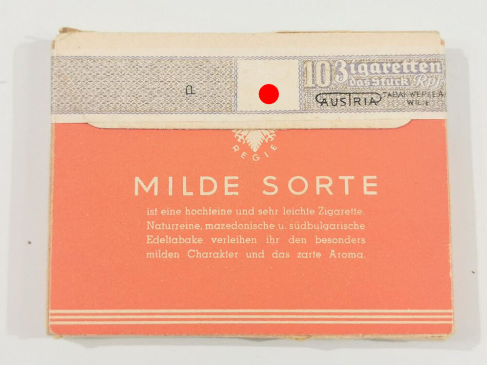 Pack "Milde Sorte" Zigaretten, ungeöffnet, Steuerbanderole mit Hakenk