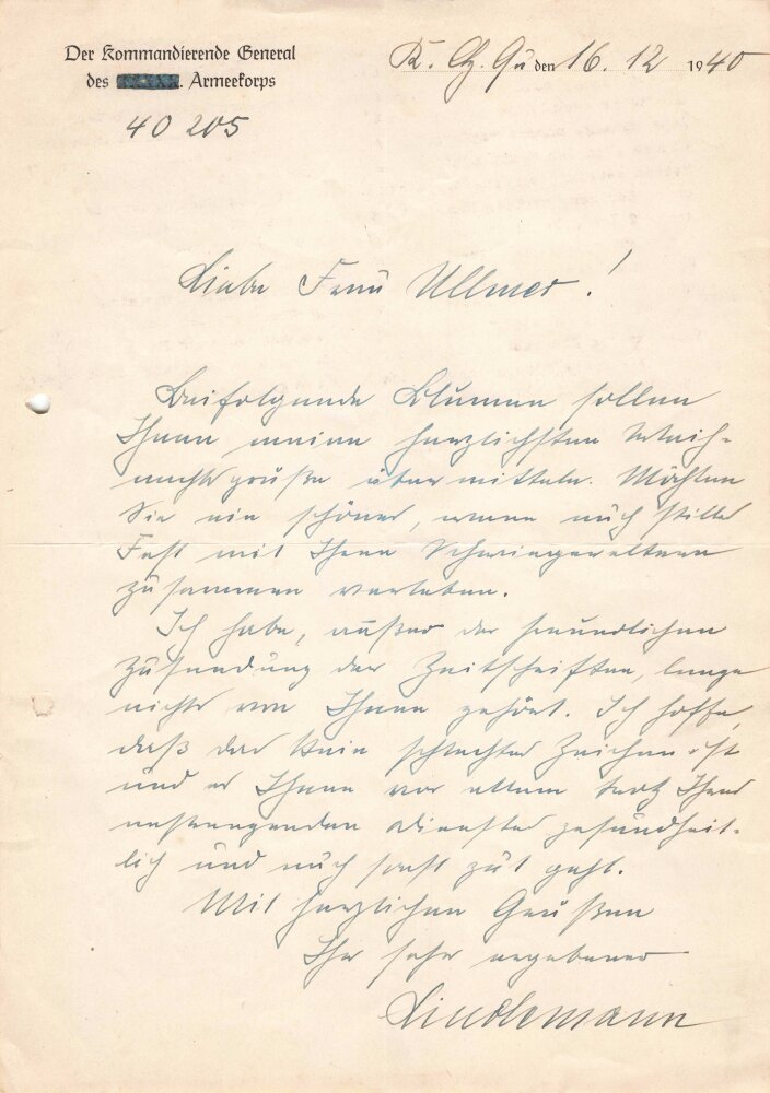 General der Kavallerie Georg Lindemann (L. Armeekorps), eigenhändige