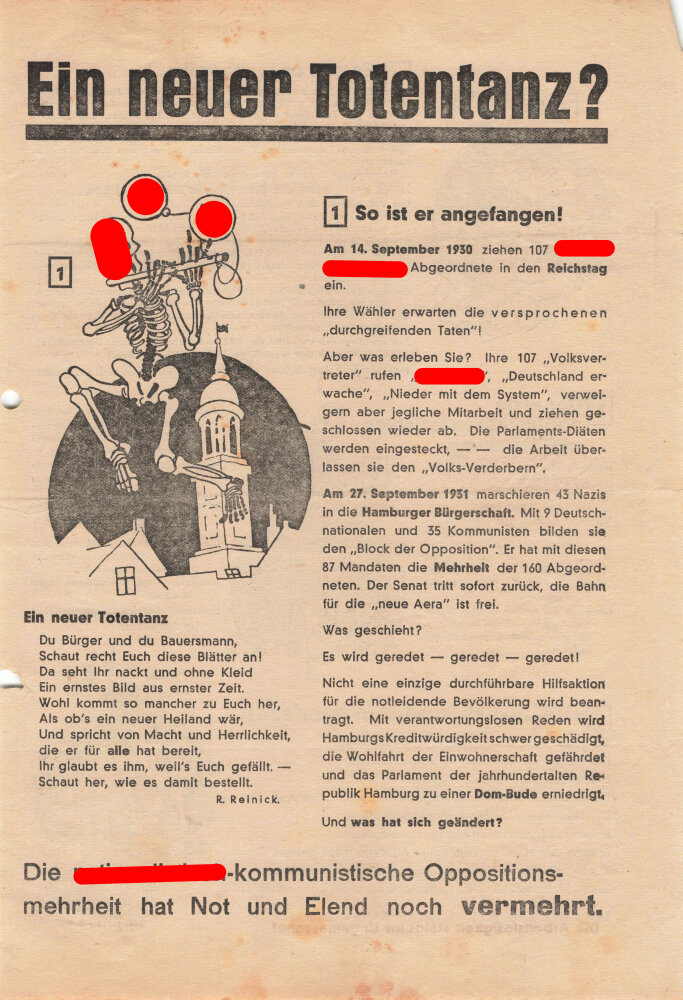 SPD/Eiserne Front, Liste 1, Flugblatt "Ein neuer Totentanz?", 2 lose ...