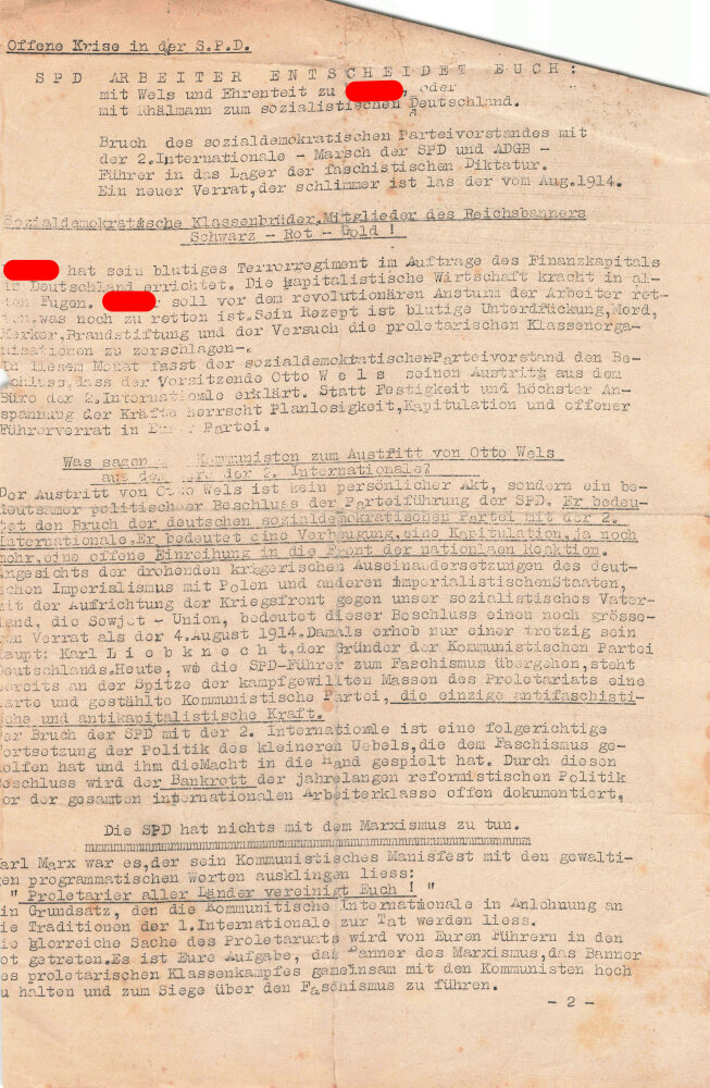 KPD Flugblatt "Offene Krise in der SPD", Bezirksleitung der KPD Wasse