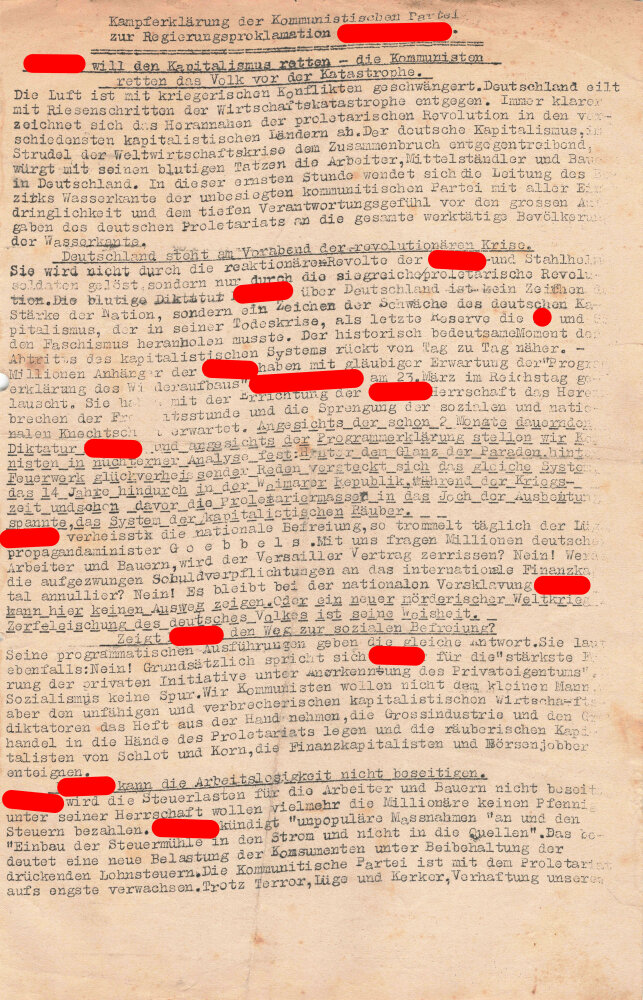 KPD Flugblatt "Kampferklärung der Kommunistischen Partei zur Regierun