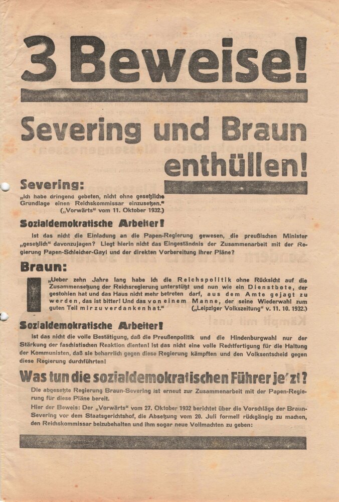 KPD Flugblatt "3 Beweise!", Berlin-Neukölln, Reichstagswahlen Novembe
